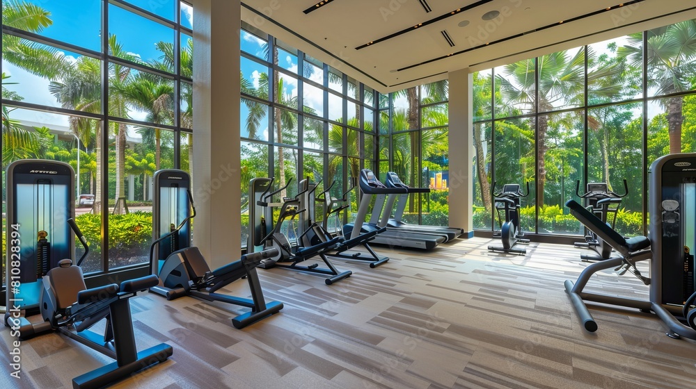 A state-of-the-art fitness center with floor-to-ceiling windows ...
