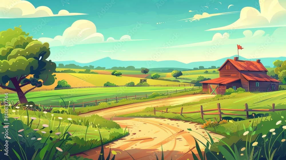 Modern cartoon illustration of countryside panorama with wooden granary ...