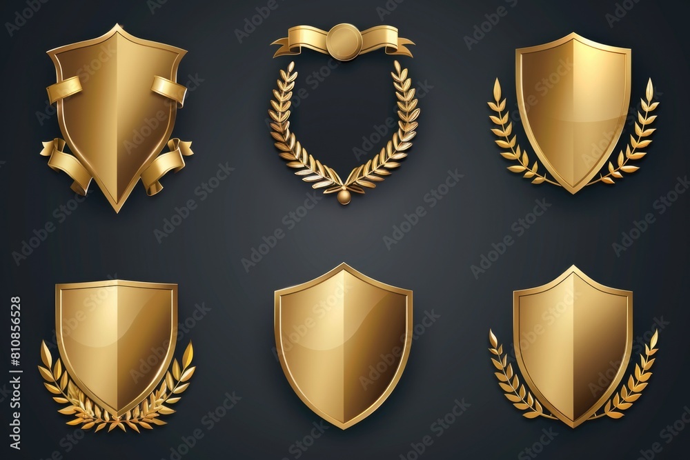 A collection of golden shields and laurels on a black background ...