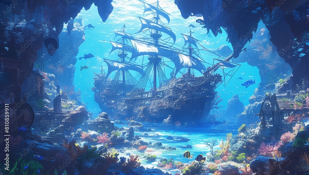 A pirate ship is underwater, surrounded by coral reefs and marine life ...