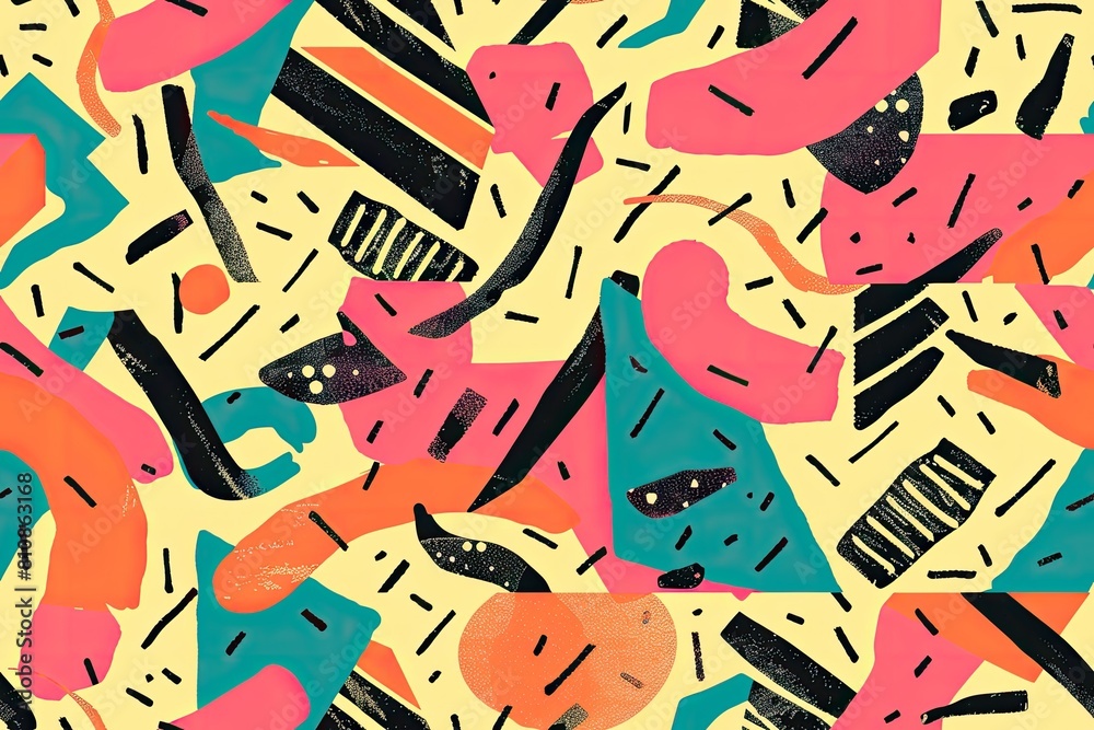 Vibrant seamless pattern with abstract geometric shapes and lines in ...