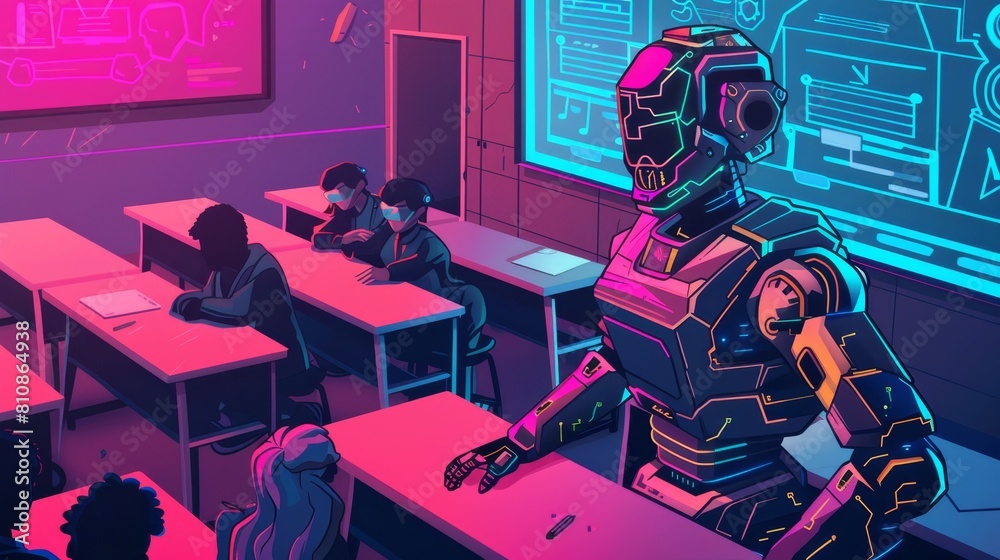 The teacher bot isometric landing page. A robot conducts a lesson in a ...