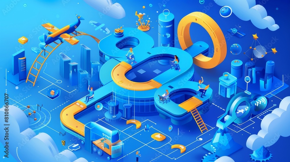 Isometric landing page and software development. Automation cycles inside of infinity symbol ...