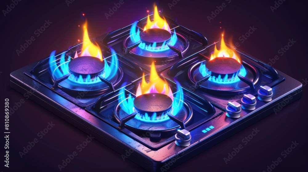 Burning gas stove with blue flames on top and side views. Kitchen ...