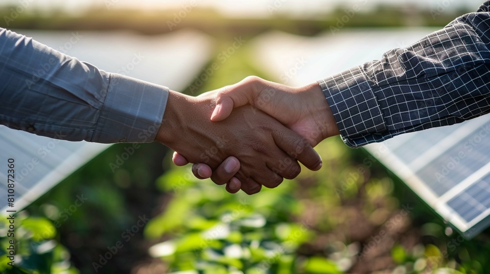 Foregrounding a business handshake, solar panels stretch out behind ...