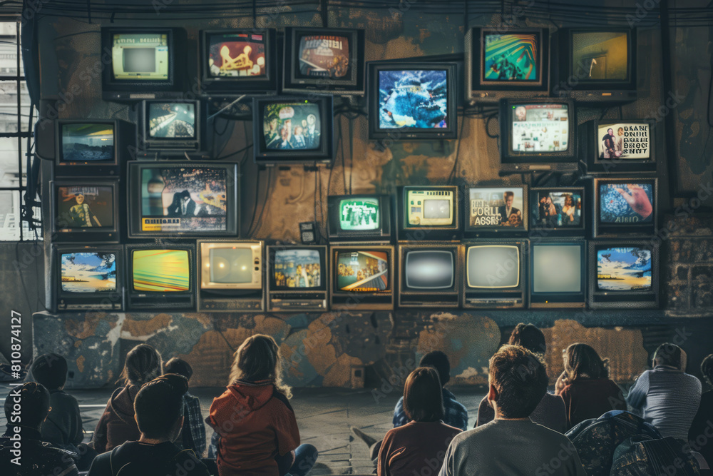 Group of people watching a lot of TV screens. Propaganda and fake news ...