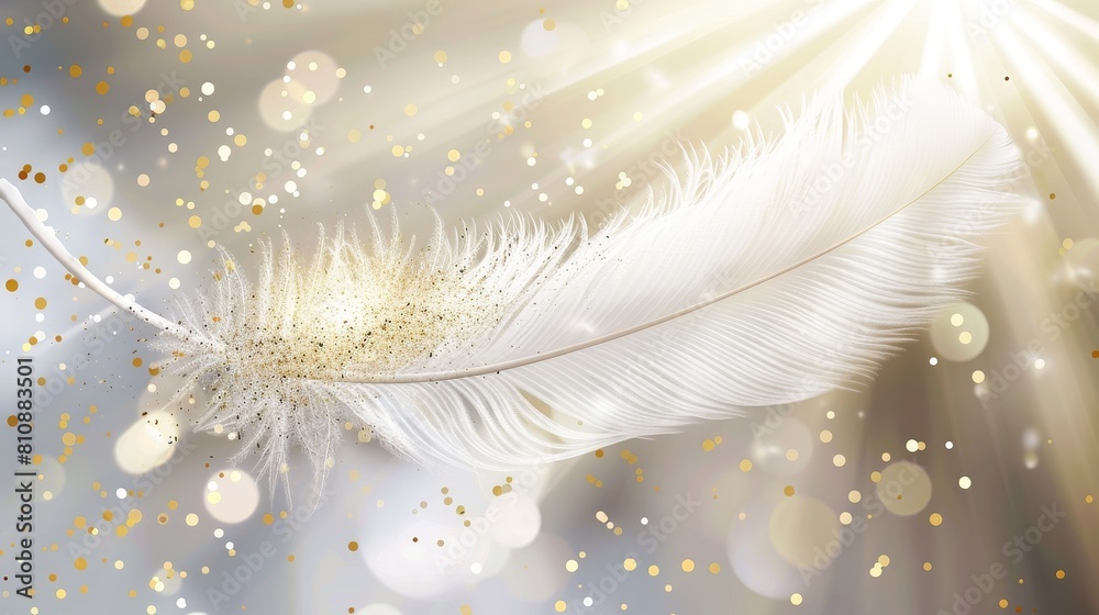 Gold glitter feather on a defocused background with confetti, light ...