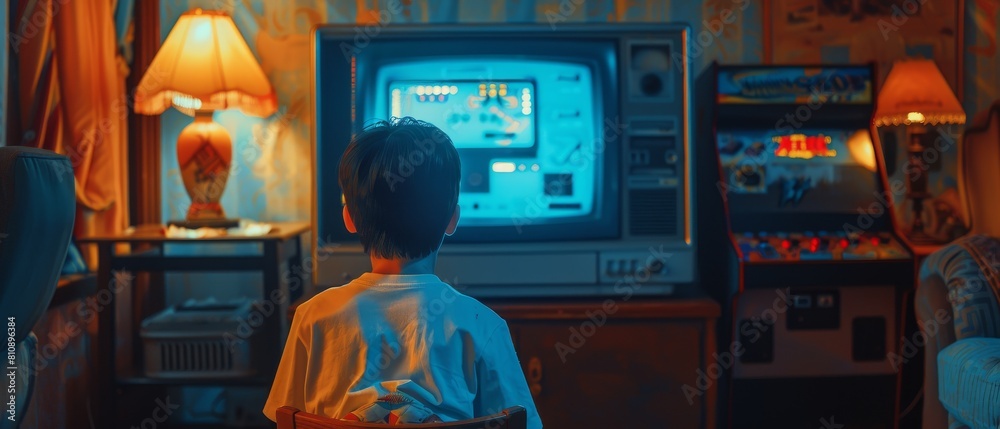 Childhood Concept: Young Boy Plays an Old-School Arcade Video Game at ...