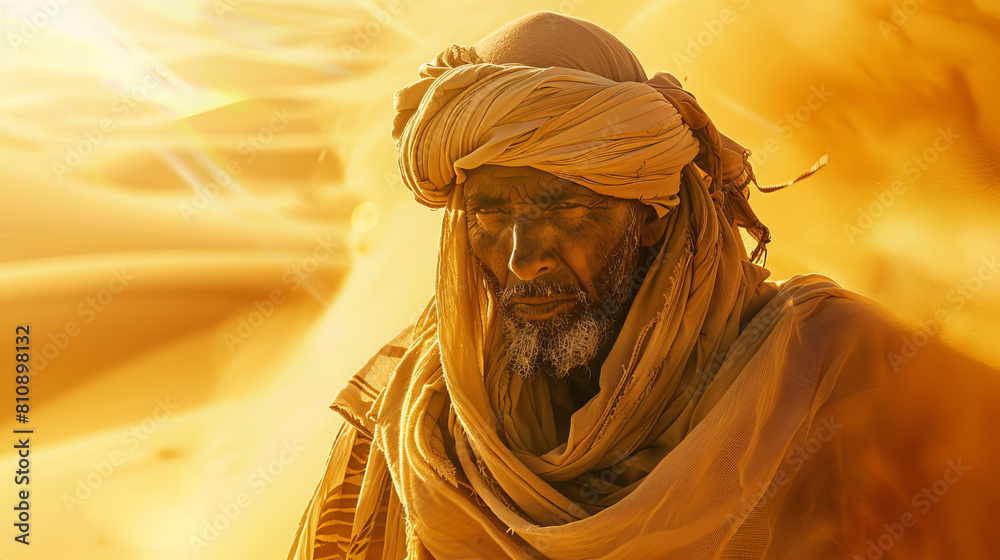 Among the endless sand dunes, an Arab nomad works hard, dressed in ...