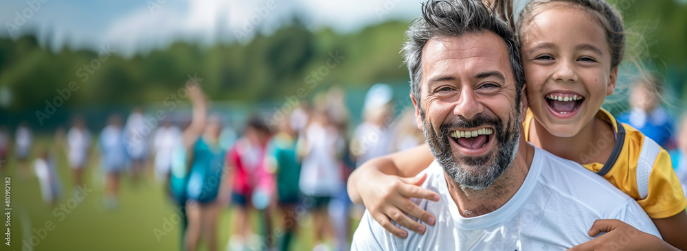 featuring a father at a school sports day, cheering enthusiastically ...