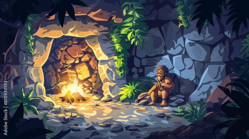 Caveman primitive paintings on stone walls and a fire. Cartoon modern ...