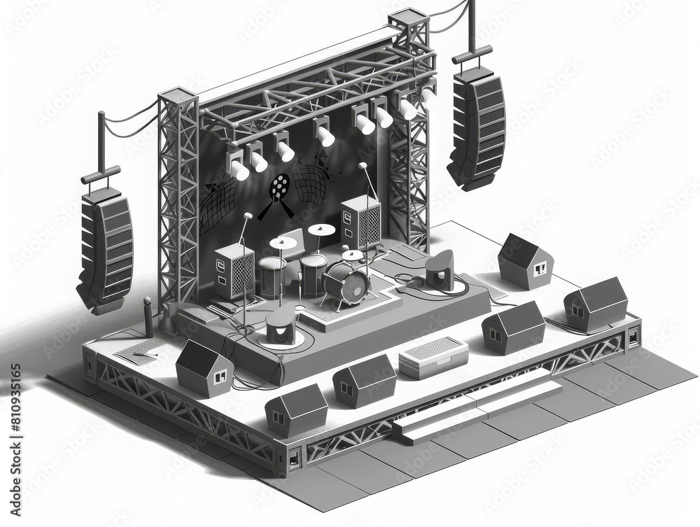 Isometric concert stage flat design front view live performance setup ...