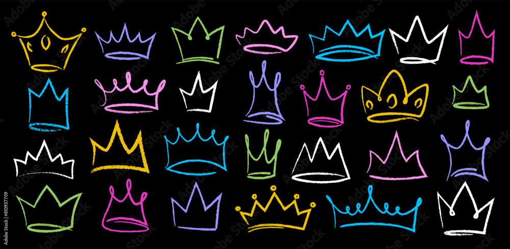 Hand drawn doodle set of grunge crayon, charcoal, chalk crown isolated ...