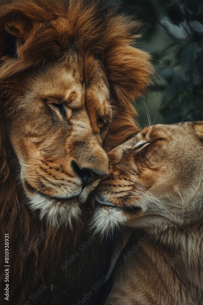 lion couple cuddling, the male lion kissing the female on the forehead ...