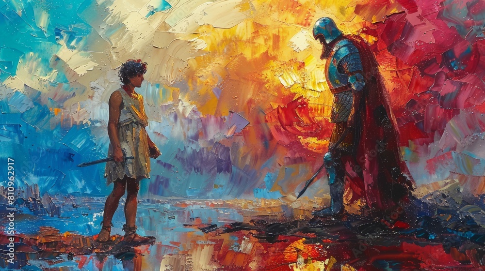 Stock-Illustration „David and Goliath oil painting illustration. Bible ...