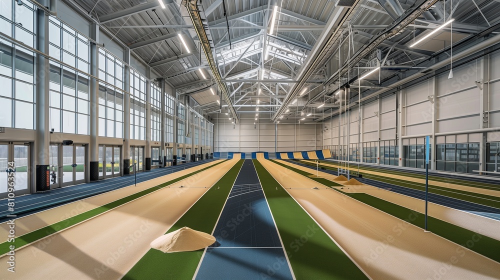 An indoor track and field facility with a synthetic track, sand pits ...