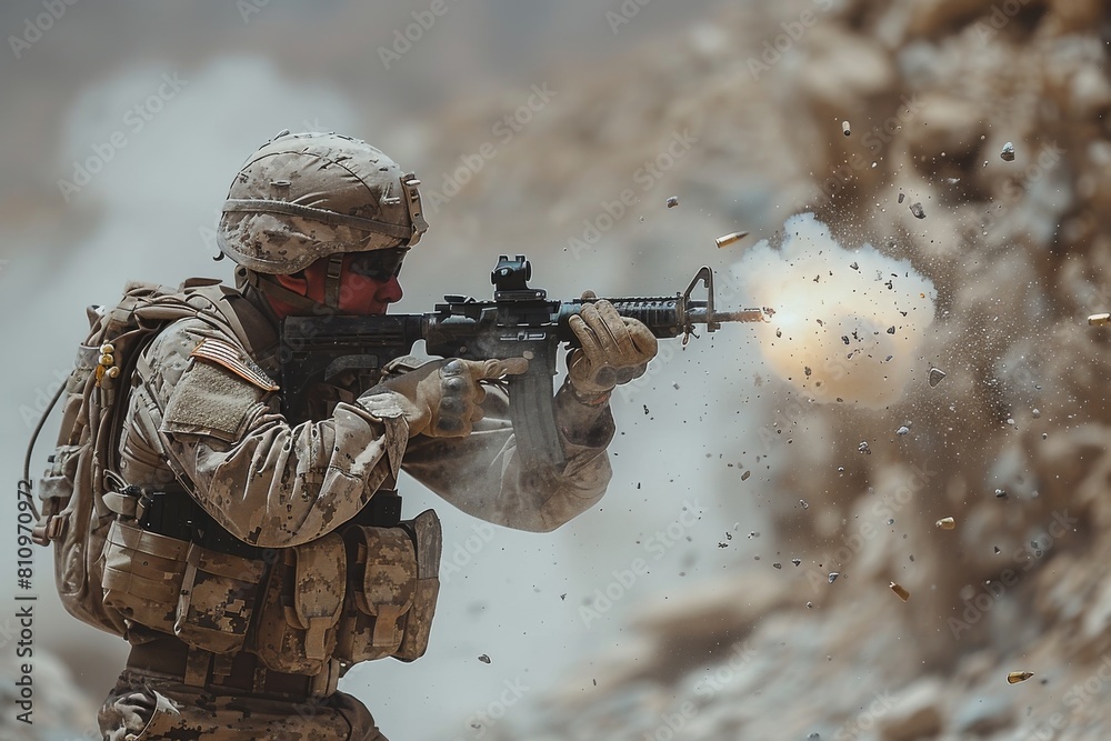 The image captures a soldier aiming and firing a rifle, with a clear ...