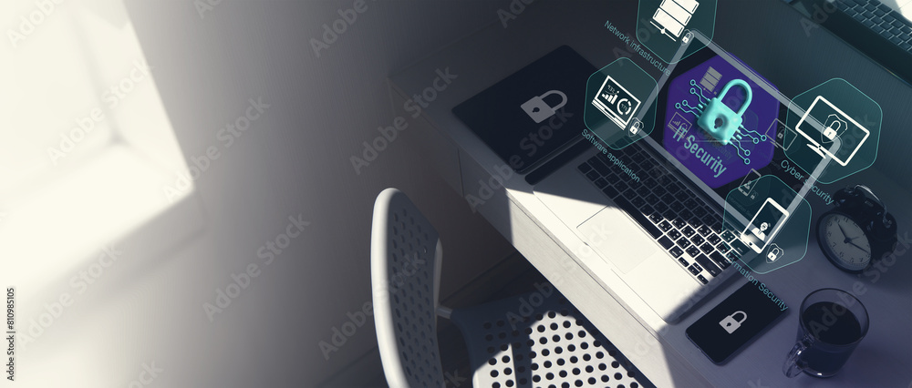 IT security, Information technology security concept. above view of work station laptop computer ...