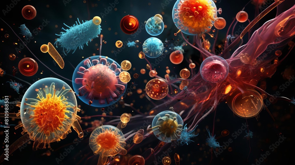 Highresolution image of stained human cells under a microscope with ...