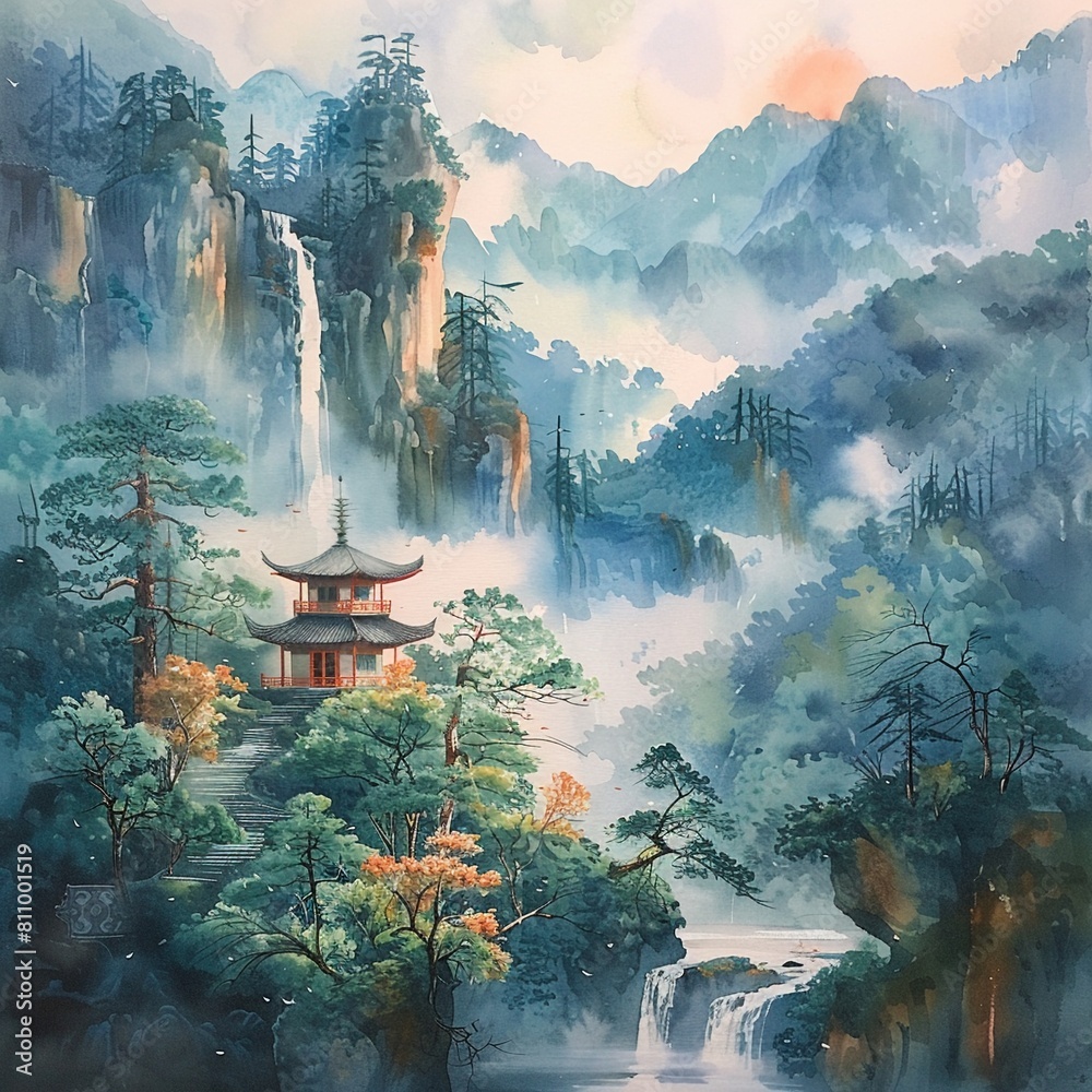 Taoism Chinese Landscape Painting A serene landscape painting in the ...