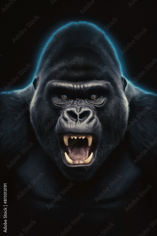 Portrait of a gorilla ape set against a black background. Looking ...