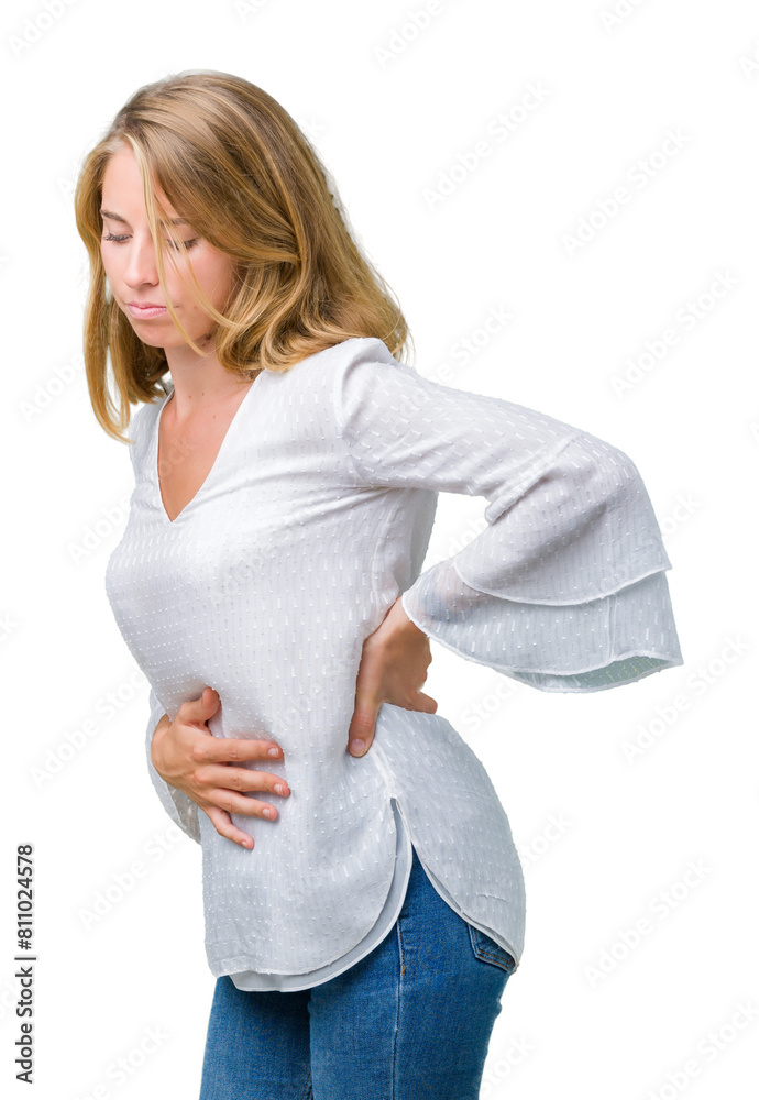 Beautiful young elegant woman over isolated background Suffering of ...