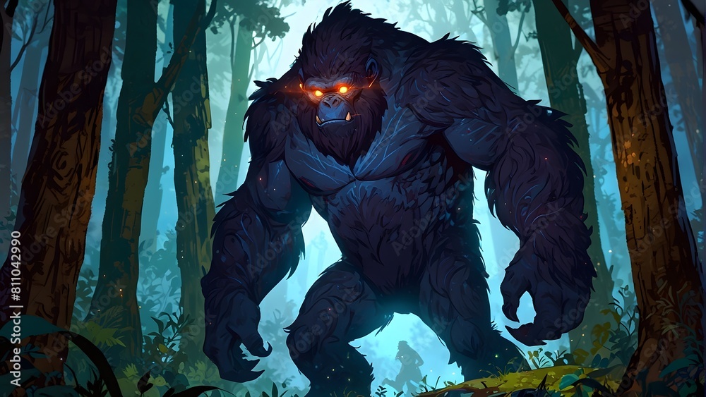 Illustration of a terrifying ape-like creature monster, dark magic and mythical beasts, glowing ...