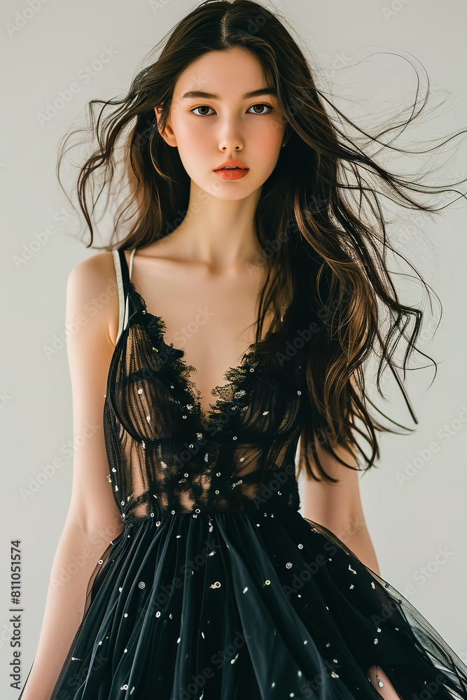 Portrait of a beautiful 19 year old runway fashion model, standing head ...