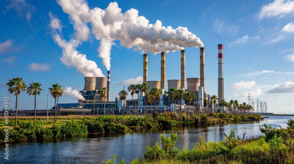Coal power plant with towering smokestacks emitting plumes of smoke ...