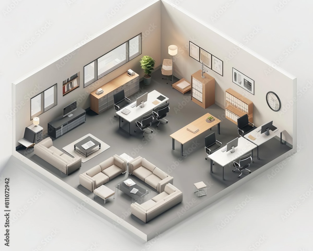 Isometric office layout flat design front view modern workplace theme ...