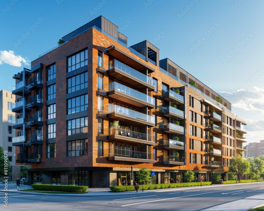 Multi-family architecture building, five storey, red brick facade Stock ...