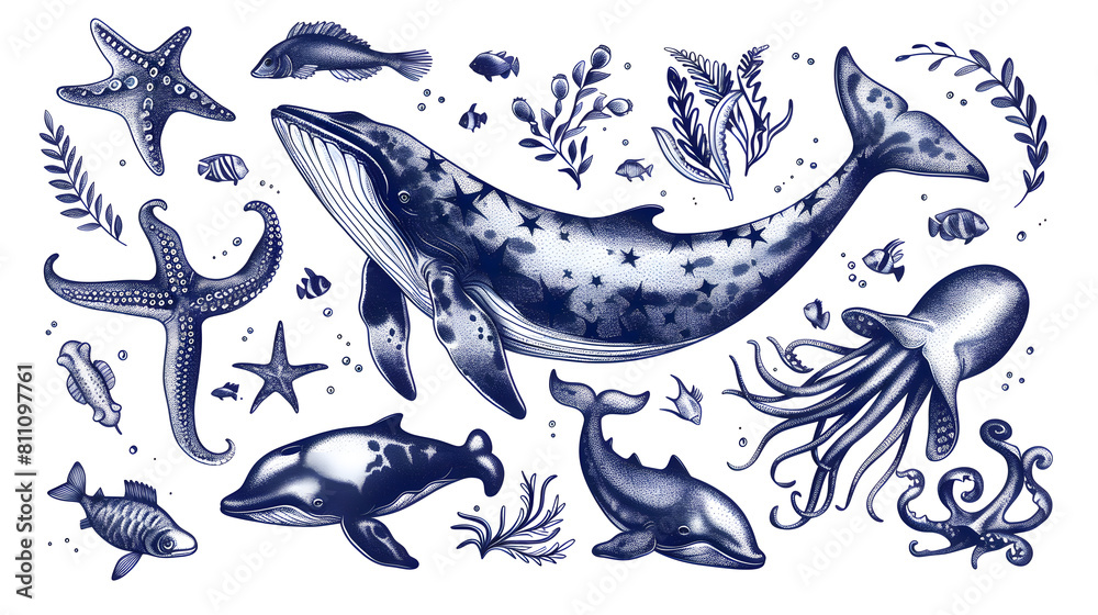 Vintage navy blue Hand drawn illustration of realistic ocean animals ...