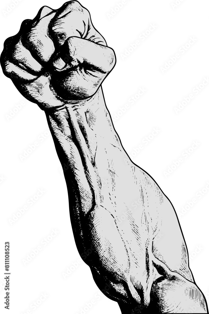 Black and white illustration of a muscular arm with clenched fist ...