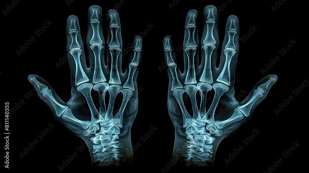 A comprehensive Xray of the hands in soft blue, revealing bone details ...
