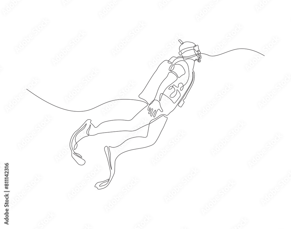 Continuous one line drawing of scuba diver diving in underwater. One ...