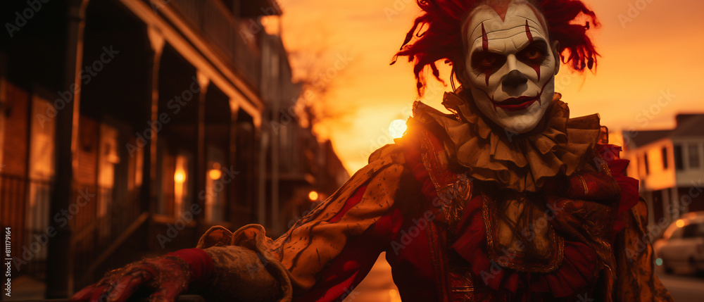 Sinister person in a jester costume. In the style of a panoramic horror ...