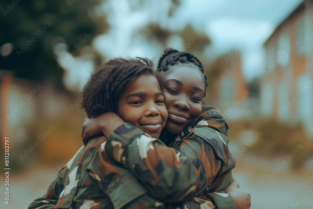 Black female soldier hugging her teenage daughter, both wear camouflage ...
