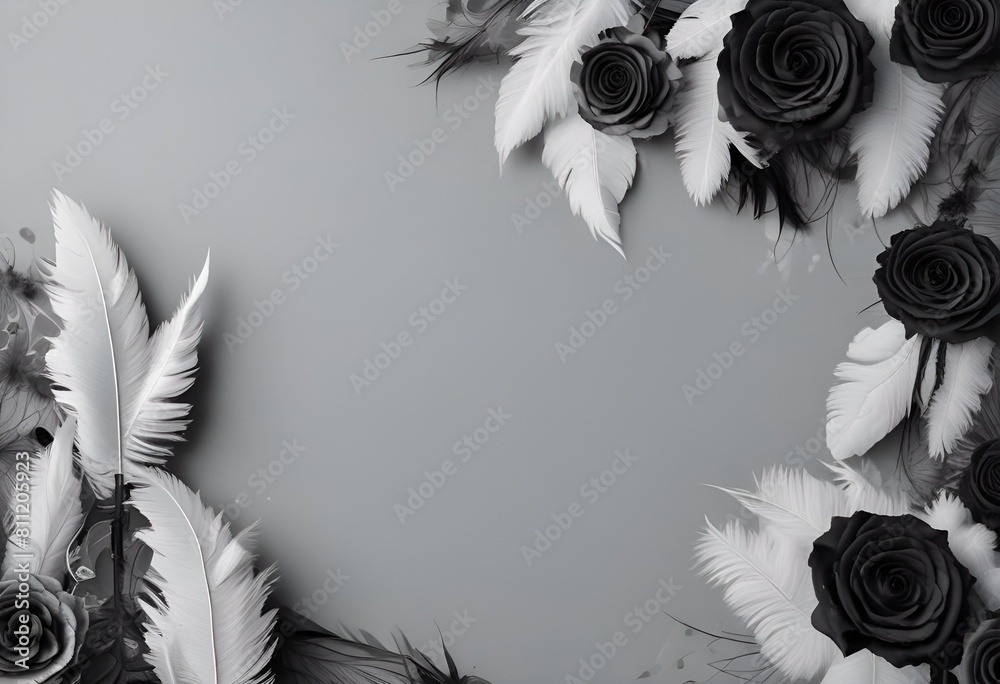 white feathers and black roses on gray background for obituary notice ...