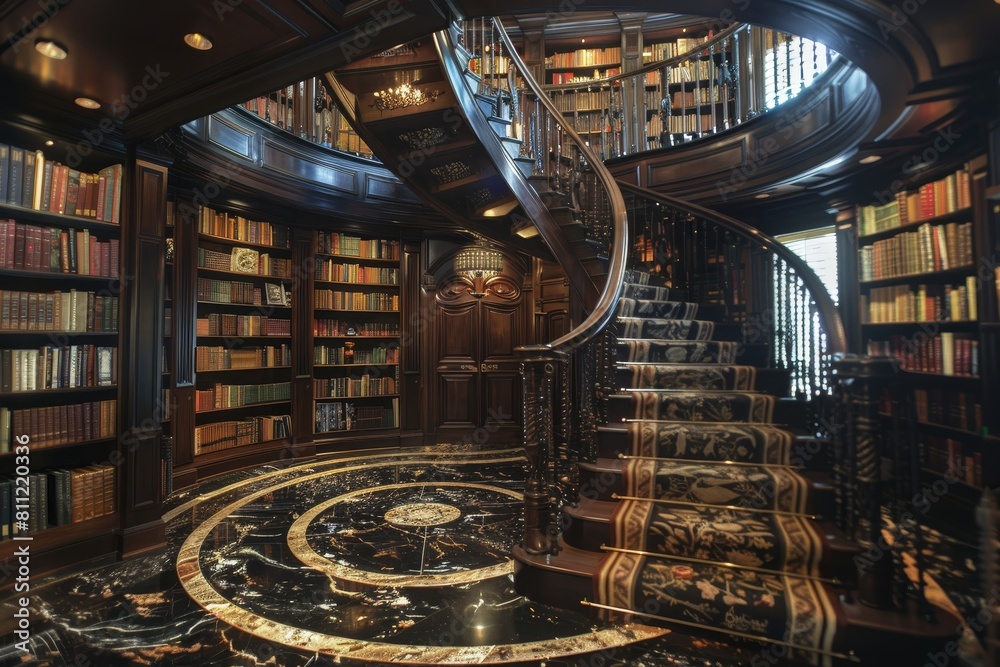 A spiral staircase in a library surrounded by shelves filled with books ...