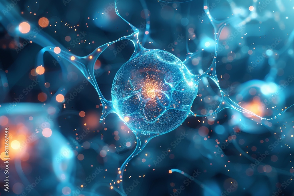 High-tech visualization of a neural network with a glowing central node ...