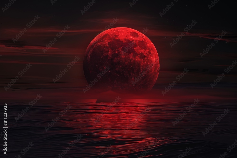 A red moon rising over the dark ocean at night, casting a eerie glow on ...