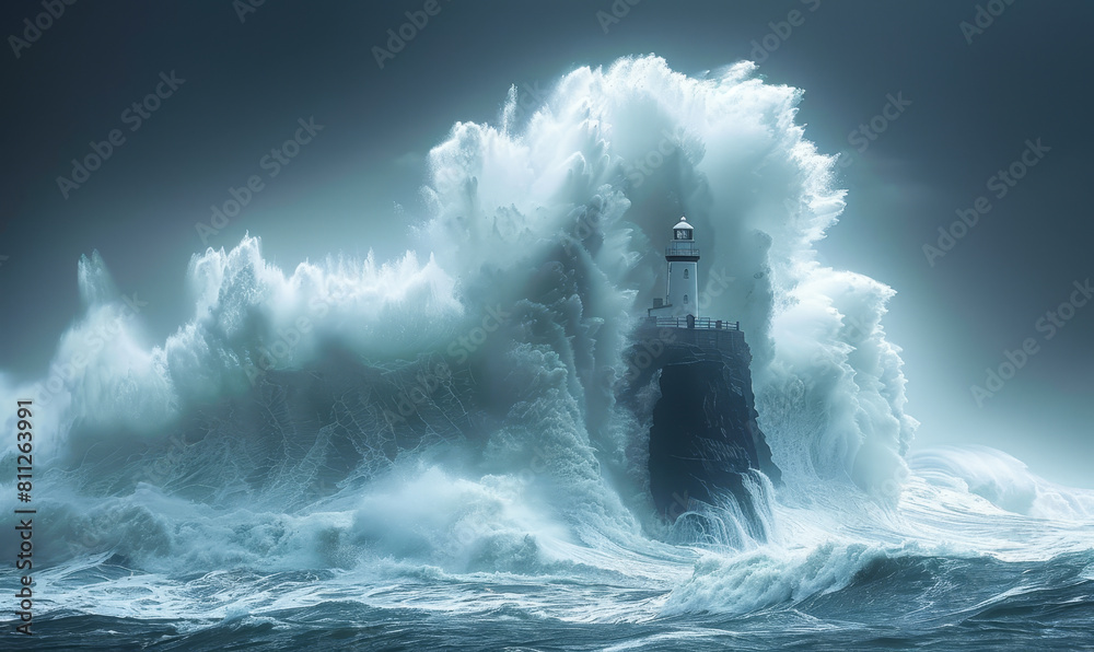 Majestic Giant Wave Crashing on Rocky Cliff with Lighthouse, Dramatic ...