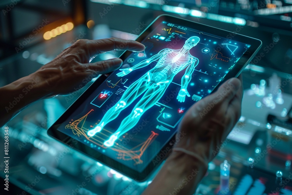 Science, hand and tablet with hologram in laboratory with typing, data ...