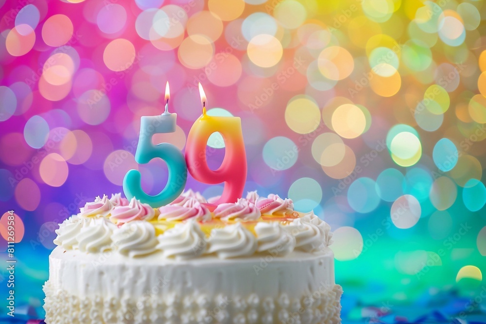Sweet Birthday cake with number 59 on top on colorful bokeh background ...