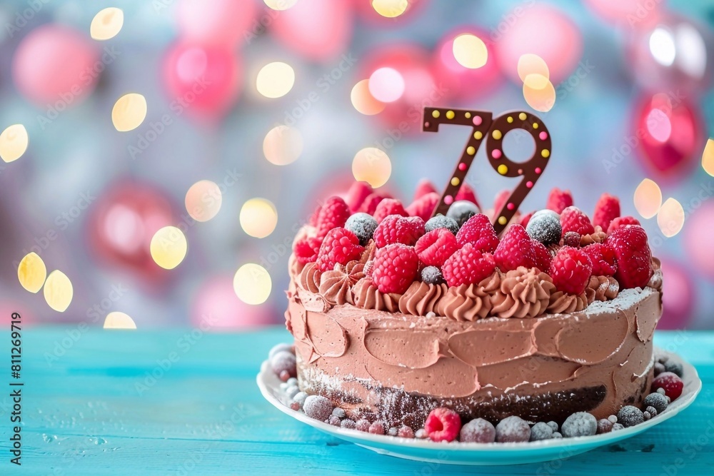 Sweet Birthday cake with number 79 on top on colorful bokeh background ...