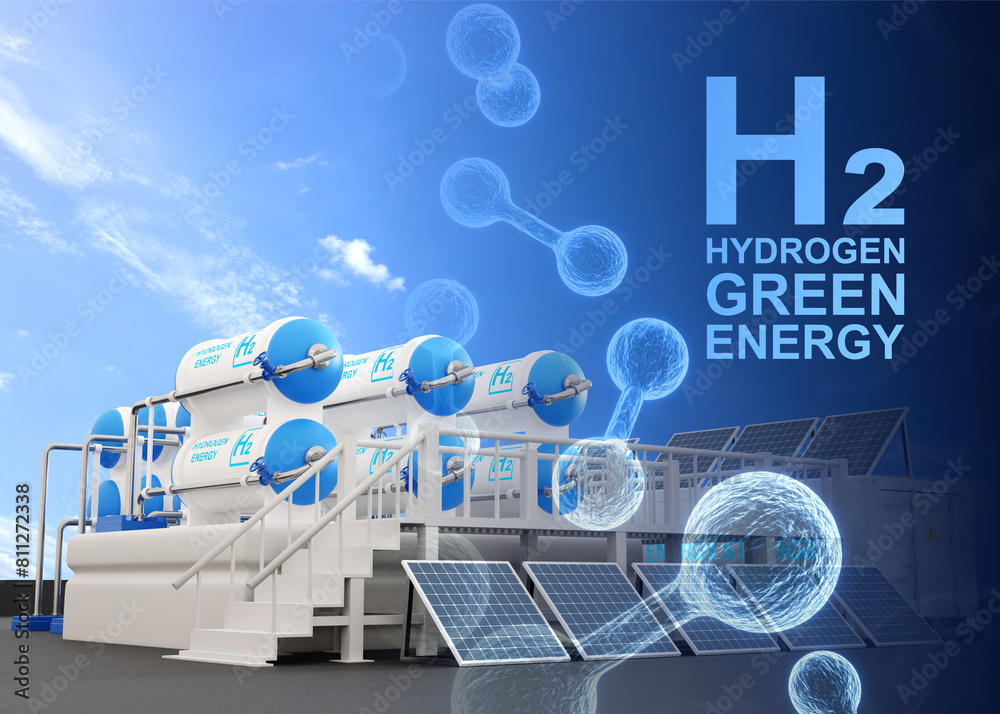 Hydrogen energy plant concept. H2 cells near hydrogen energy plant ...