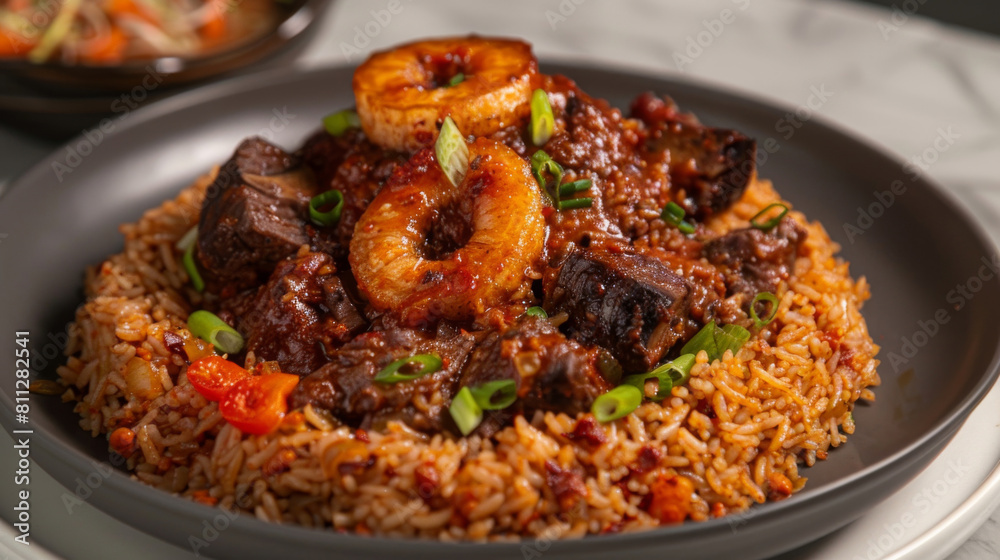 Ghanaian jollof rice with tender beef and fried plantains, topped with ...