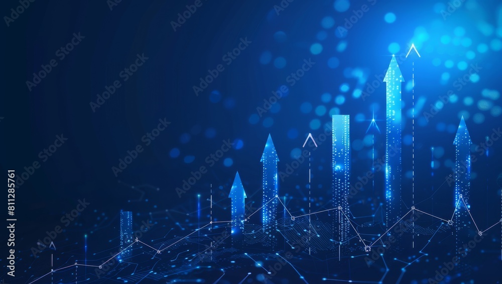 Blue stock market background with upward arrows and financial graph on ...