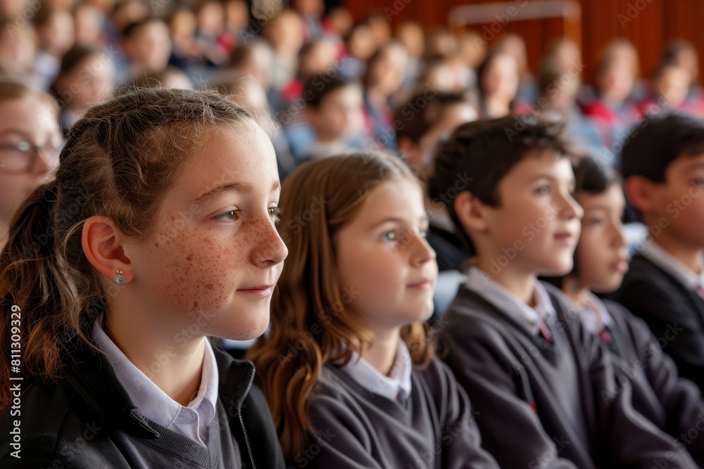 Children sitting in a row in front of a crowd at a school assembly, A ...
