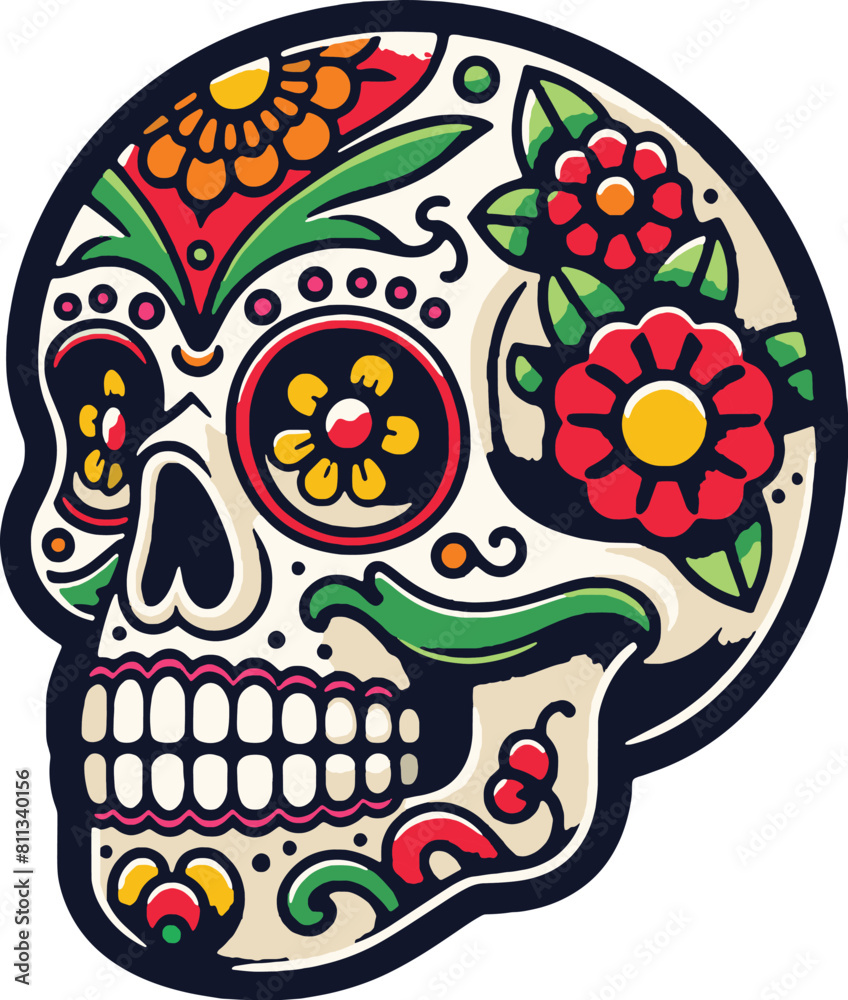 Printable Sugar Skull Tattoo Vector of painted flowers Decorated Skull ...